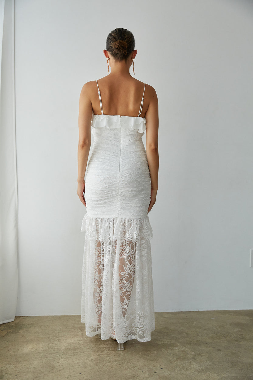 Aphrodite Lace Ruched Rosette Maxi Dress • Shop American Threads