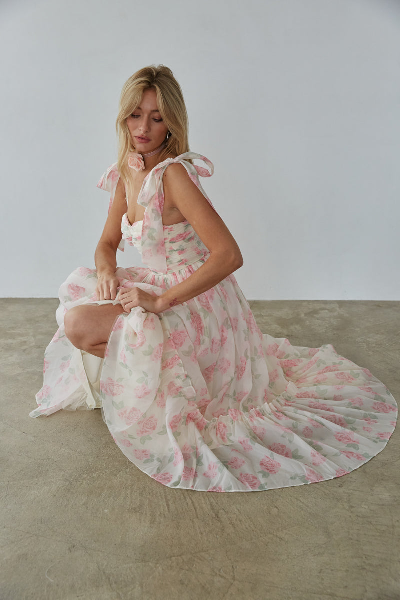 Celine Floral Tie Strap Bustier Maxi Dress | American Threads Boutique