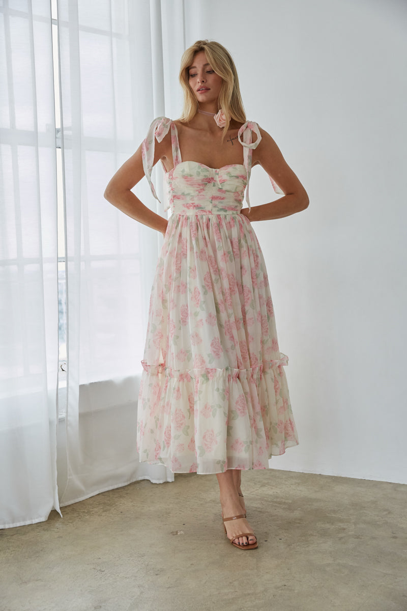 Celine Floral Tie Strap Bustier Maxi Dress | American Threads Boutique