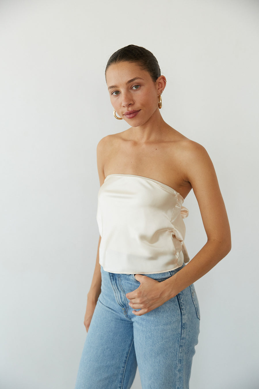 Hallie Strapless Open Back Satin Top • Shop American Threads Boutique