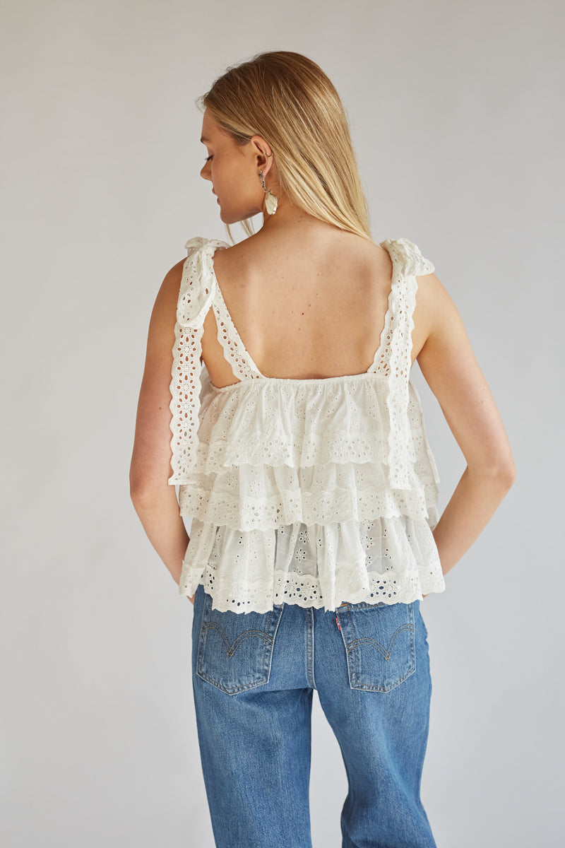 Lupe Eyelet Tiered Ruffle Tie Top • Shop American Threads Women's ...
