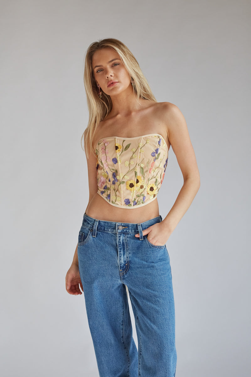 Marigold Strapless Floral Lace Corset Top • American Threads Boutique