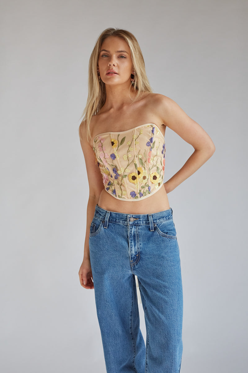 Marigold Strapless Floral Lace Corset Top • American Threads Boutique